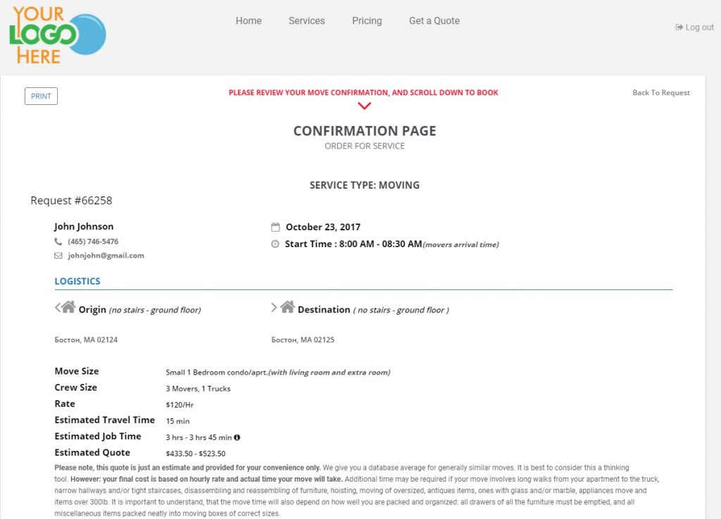 Confirmation Page – MoveBoard Documentation